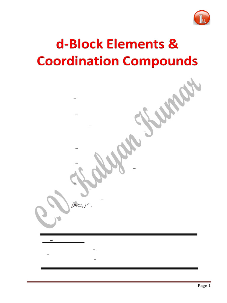 D Block Elements And Coordination Compounds Notes Pdf
