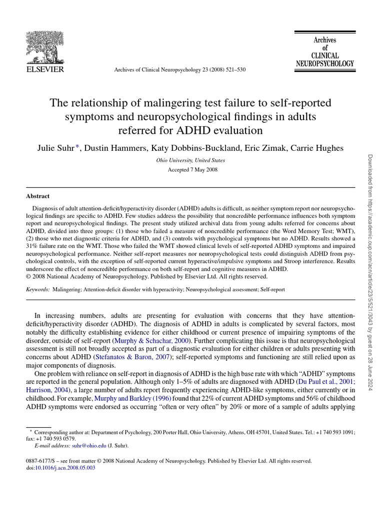 The Relationship of Malingering Test Failure To Self-Reported Symptoms ...