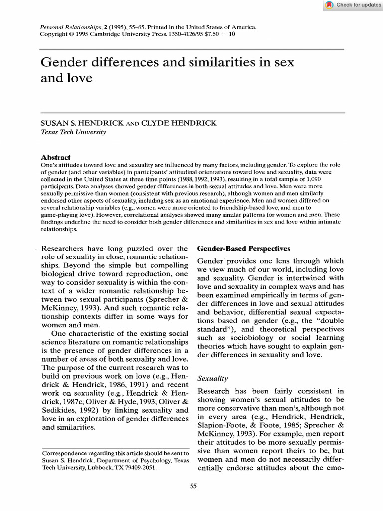 Personal Relationships March 1995 Hendrick Gender Differences And