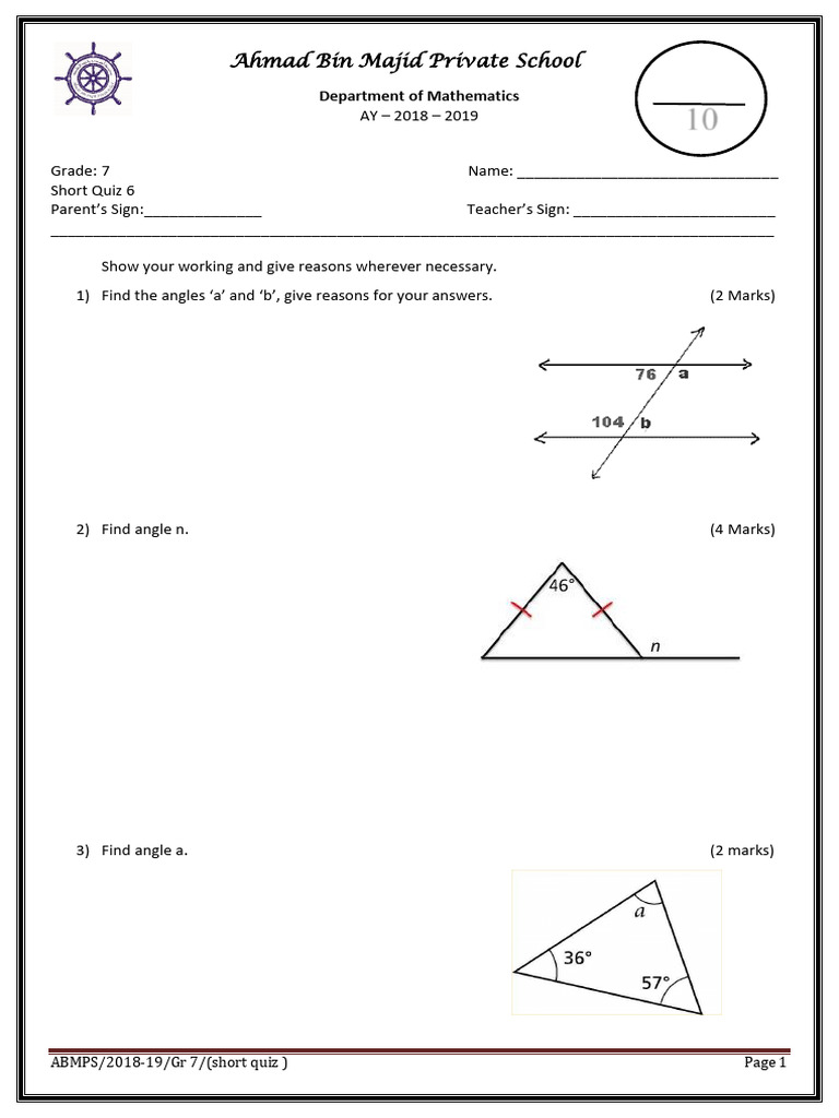 Grade 7 Math Short Quiz 2018-19 | PDF