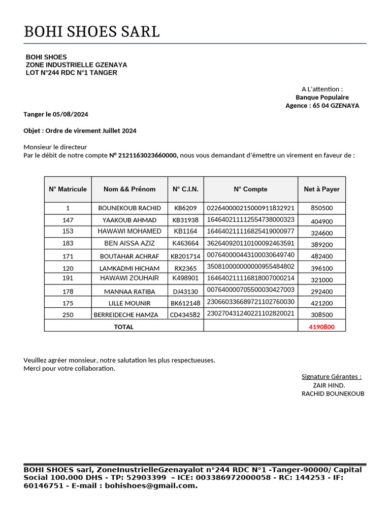 Ordre de Virement Juillet 2024 | PDF
