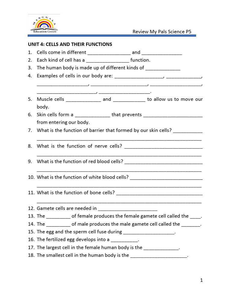 Unit 4 Cells and Their Functions - Questions | PDF