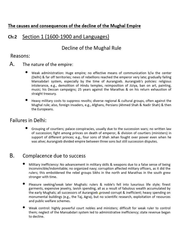 Ch-2 - Decline of The Mughal Empire Notes | PDF