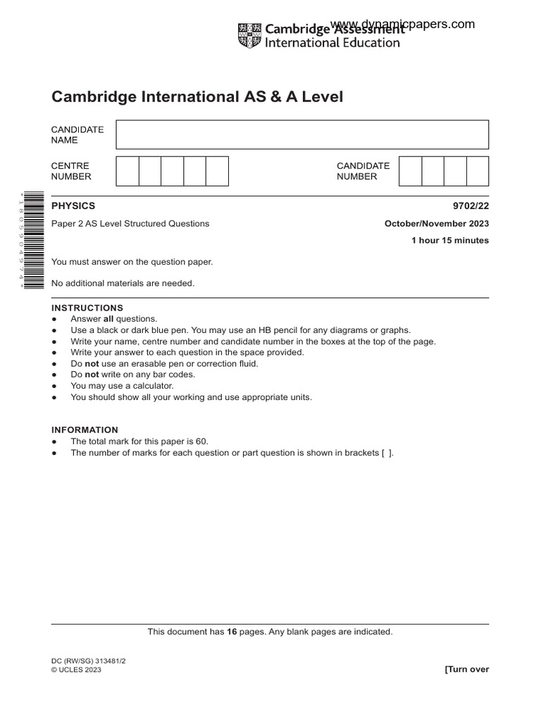 Cambridge International AS & A Level: PHYSICS 9702/22 | PDF