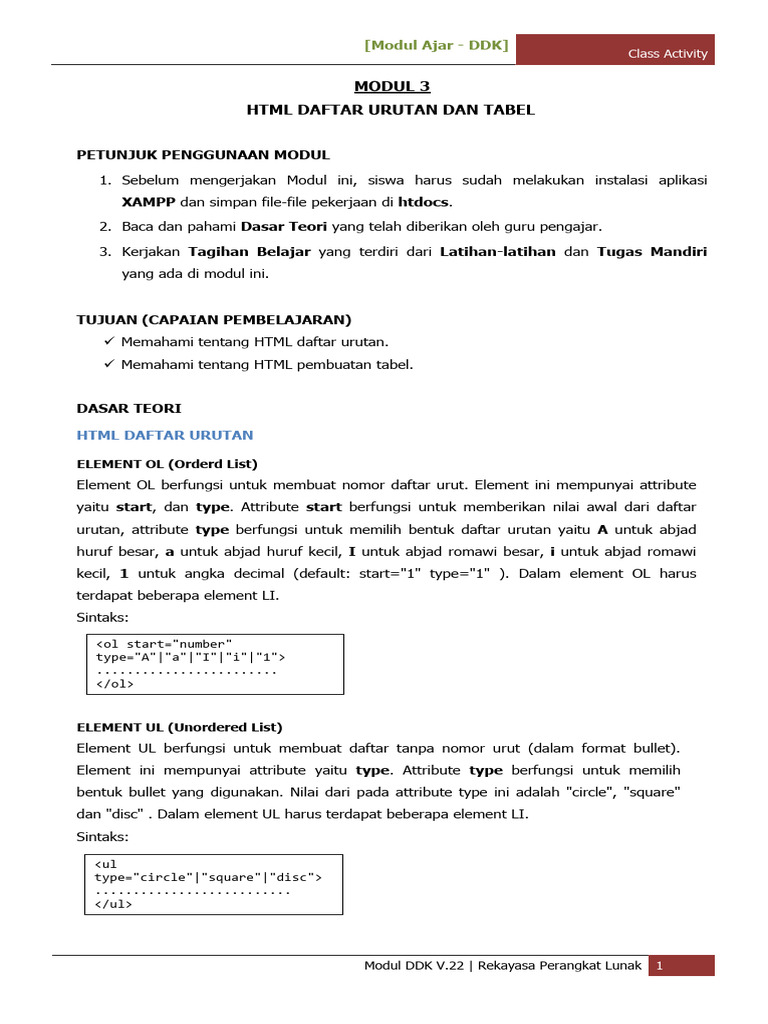 Modul DDK 3 - Daftar Urutan Dan Tabel | PDF