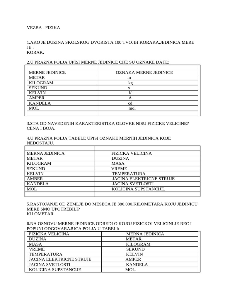 VEZBA Fizika 7 Razred Mere I Merenja | PDF