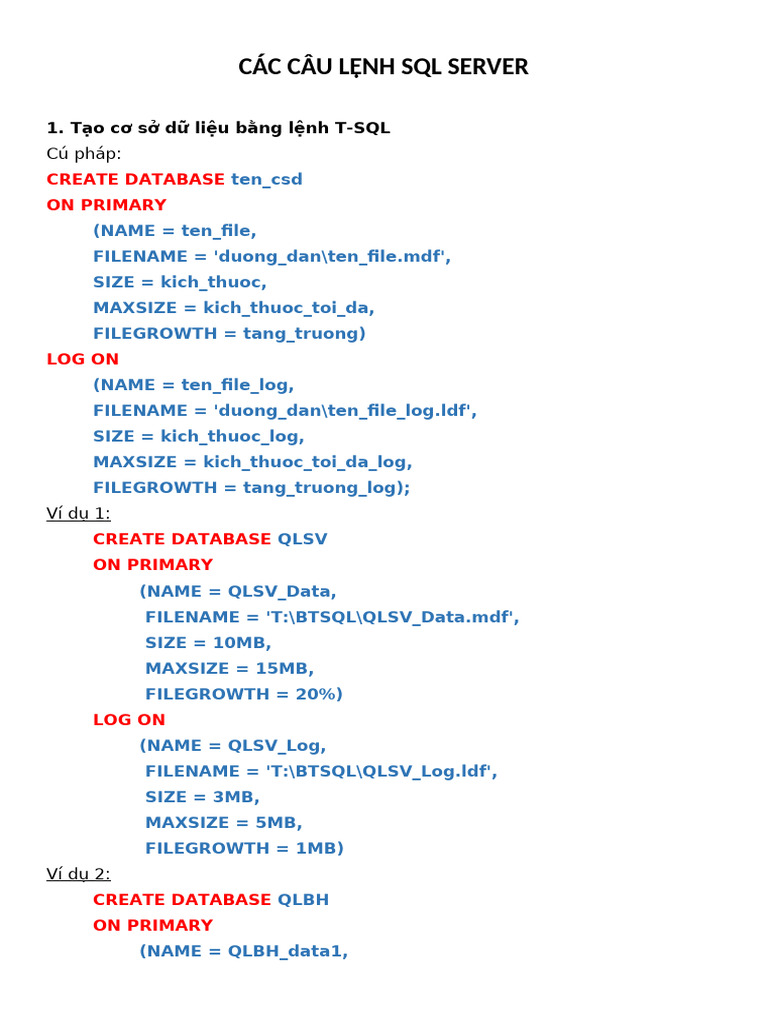 CÁC CÂU LỆNH TRONG SQL SERVER | PDF