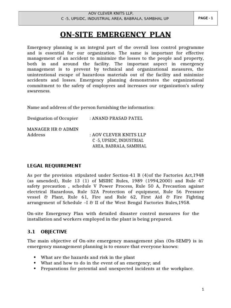 On-Site Emergency Plan | PDF