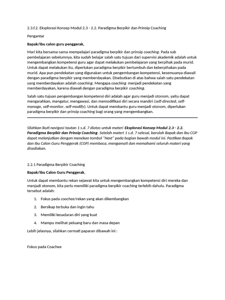 2.3.f.2. Eksplorasi Konsep Modul 2.3 - 2.2. Paradigma Berpikir Dan Prinsip Coaching | PDF