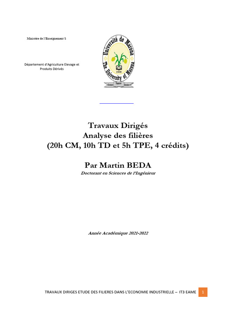 Eléments de Correction Fiche de TD Analyse de Filière IC3 - 2022 | PDF