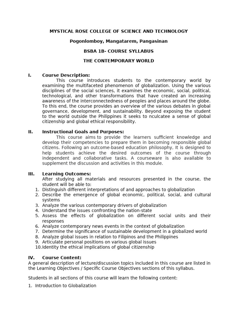 Contemporary World - Course Syllabus | PDF