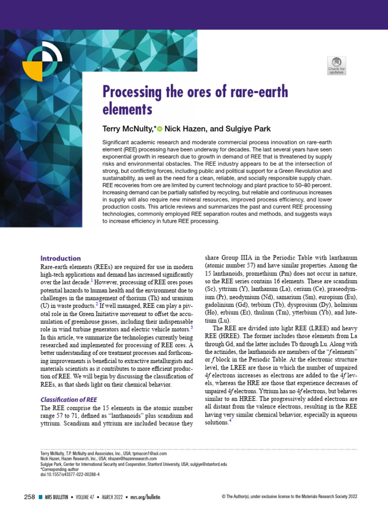Processing The Ores of Rare Earth Elements | PDF