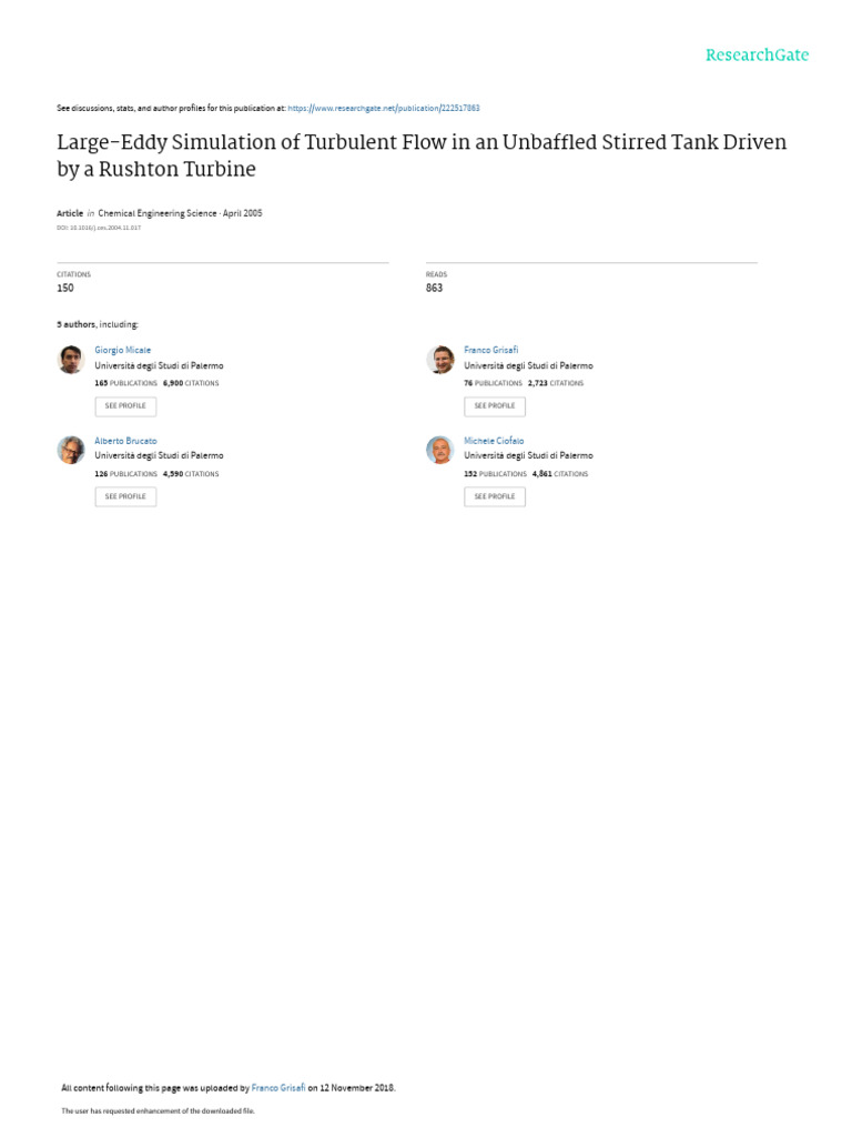 Large-Eddy Simulation of Turbulent Flow in An Unbaffled Stirred Tank | PDF