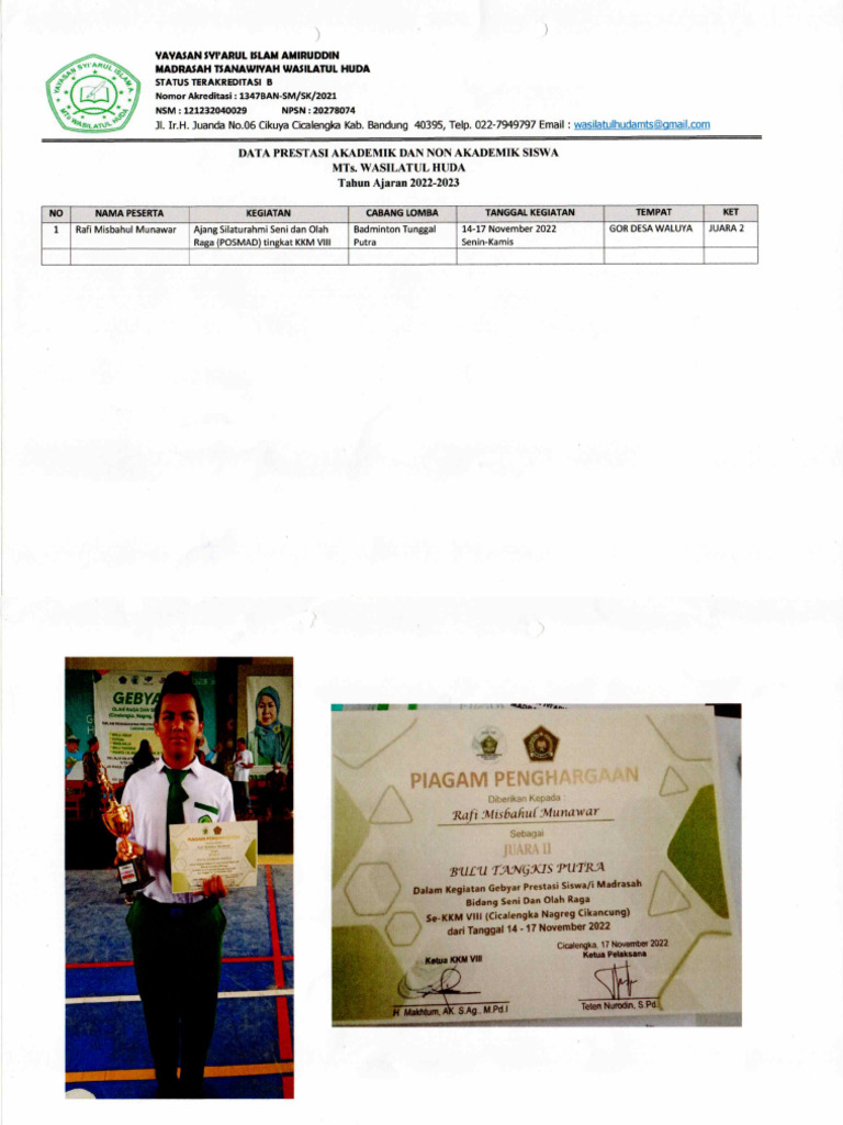 BUKTI FISIK A.4 LAPORAN PRESTASI SISWA, BUKTI PRESTASI SISWA DALAM LOMBA, FOTO KEG ...
