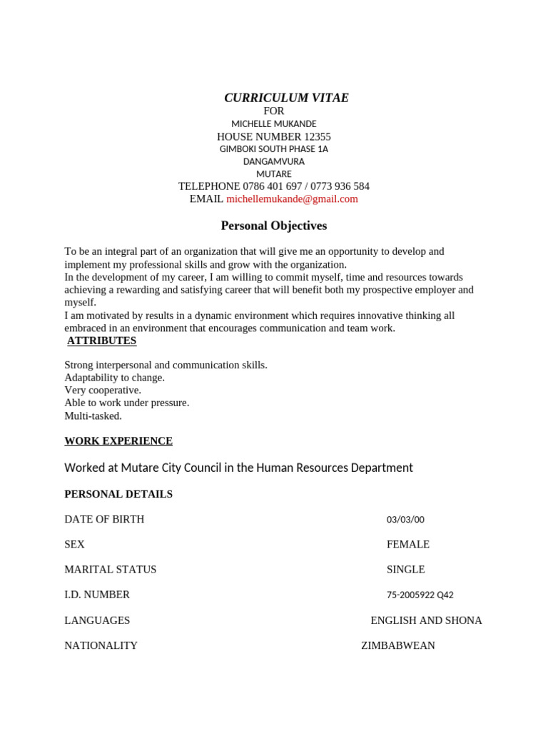 Mukande Michelle Curriculum Vitae | PDF