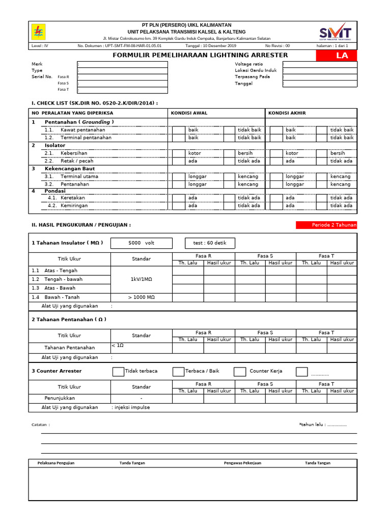 Upt SMT FM 08 Har 01.05.01 Formulir Pemeliharaan Lightning Arrester (La ...