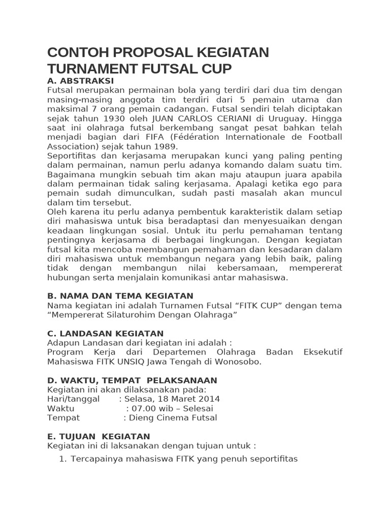 Contoh Proposal Kegiatan Turnament Futsal Cup | PDF
