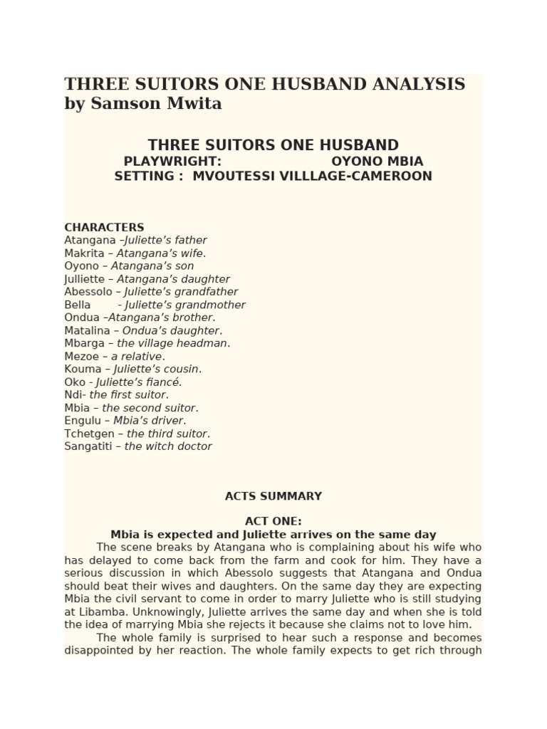 Three Suitors One Husband Analysis by Samson Mwita | PDF
