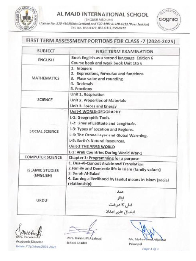 Grade 7 - First Term Assessment Portion-2024-2025 | PDF