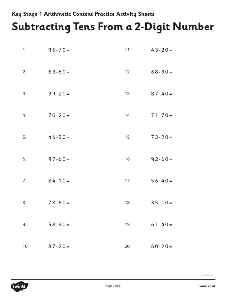 T N 4769 KS1 Arithmetic Content Practice Activity Sheets Subtracting ...