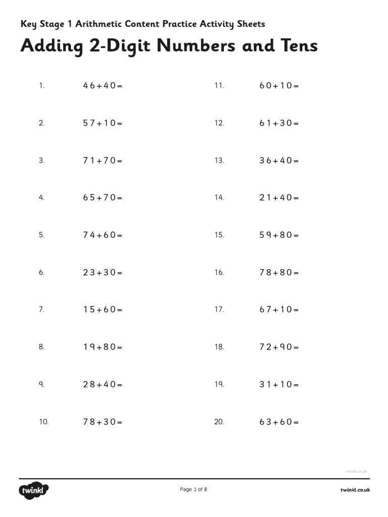 T N 4767 KS1 Arithmetic Content Practice Activity Sheets Adding 2 Digit ...