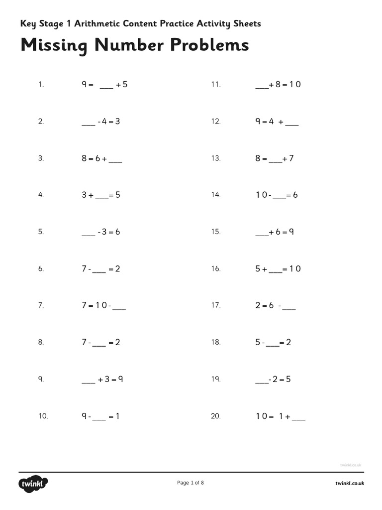 T N 4758 KS1 Arithmetic Content Practice Missing Number Calculations ...