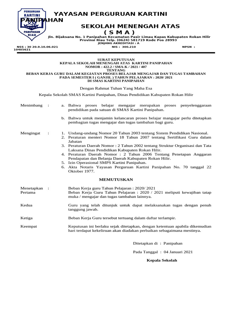 SK Beban Tugas Genap 2020 - 2021 | PDF