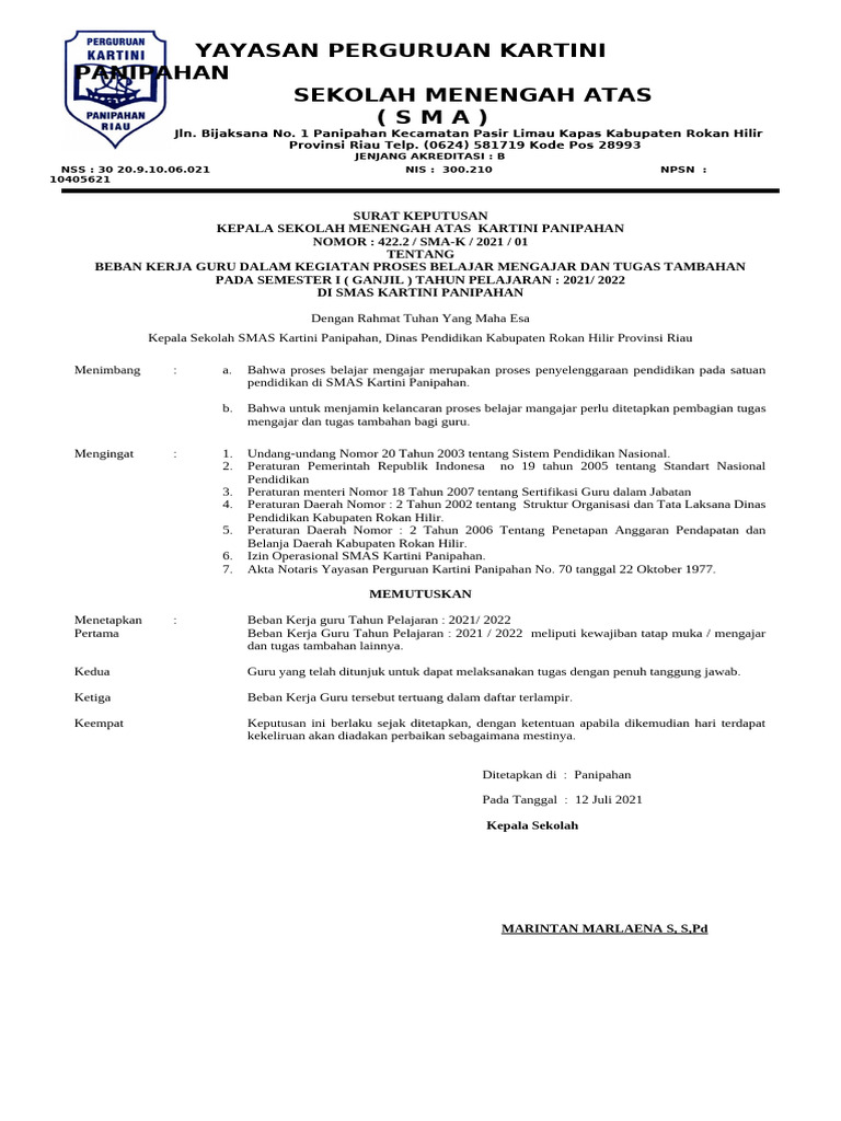 SK Beban Tugas Guru Ganjil 2021 | PDF