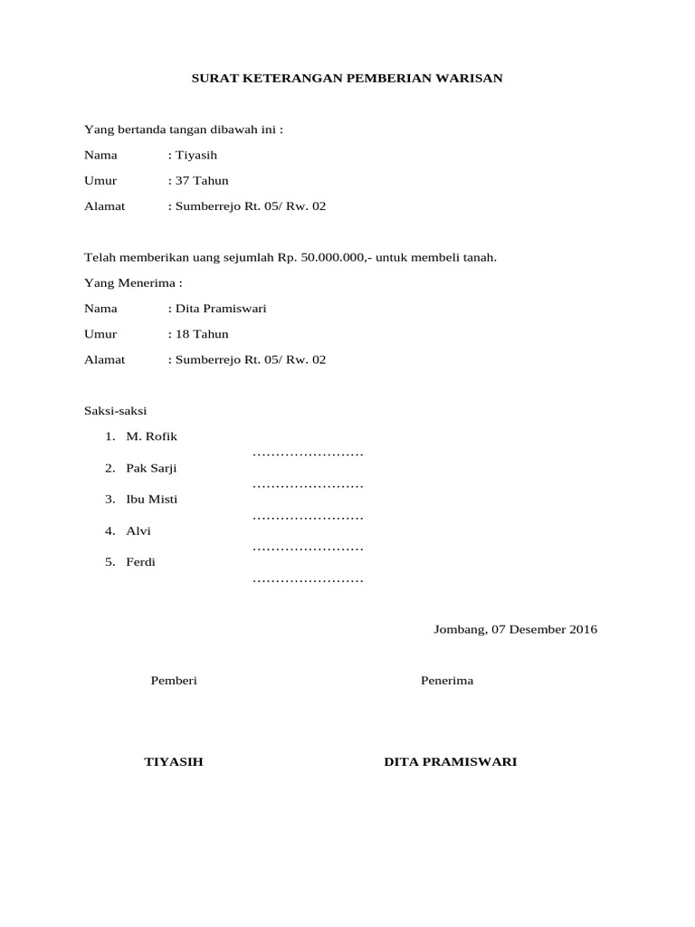Surat Keterangan Pemberian Warisan | PDF