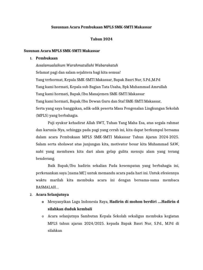 Rundown Acara Mpls SMK Smti Mks 2024 - Translate | PDF