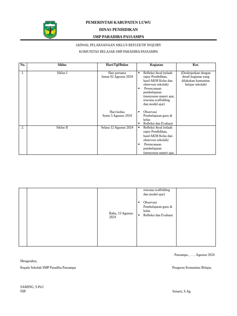 Contoh Format Jadwal Siklus Kombel | PDF