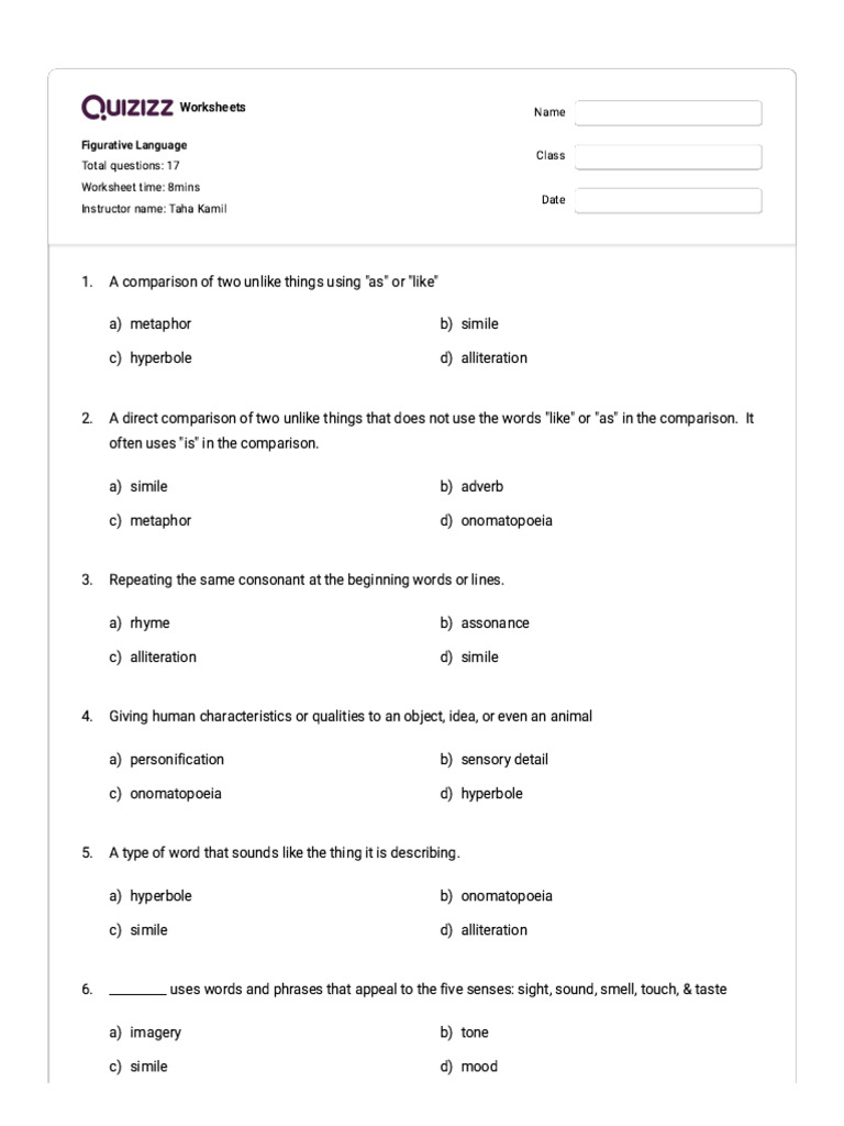 Figurative Language Quiz Worksheet | PDF | Poetry | Language Arts ...