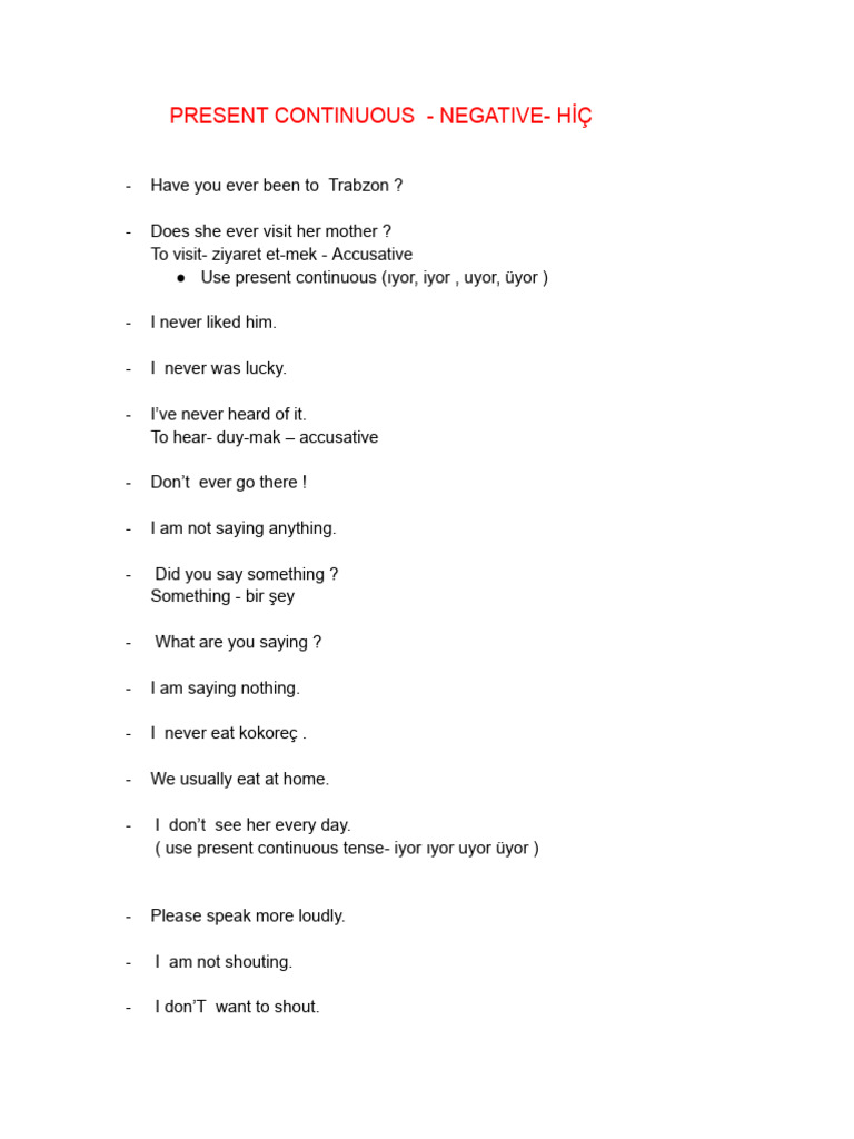 Present Continuous Negative Hi̇ç Pdf