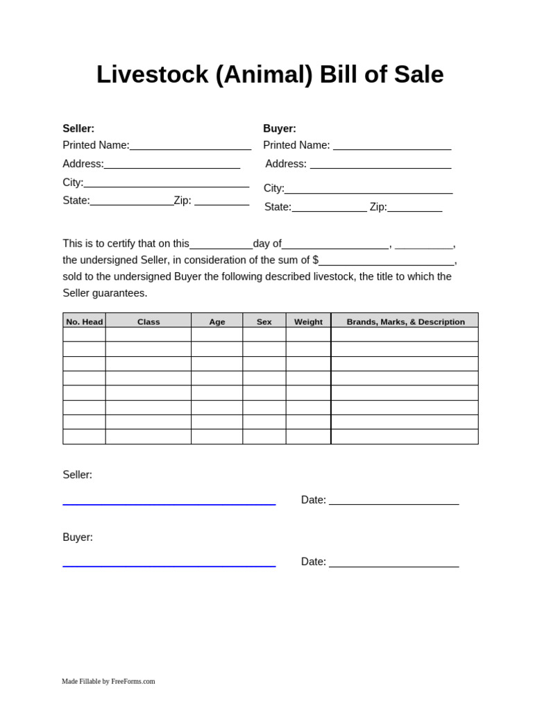 Livestock Animal Bill of Sale Form | PDF