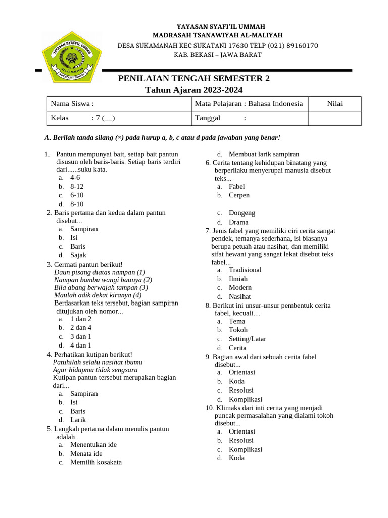 Soal - PTS - B.Indo - Kelas - 7 - Genap-1 (1) Edited-2 | PDF