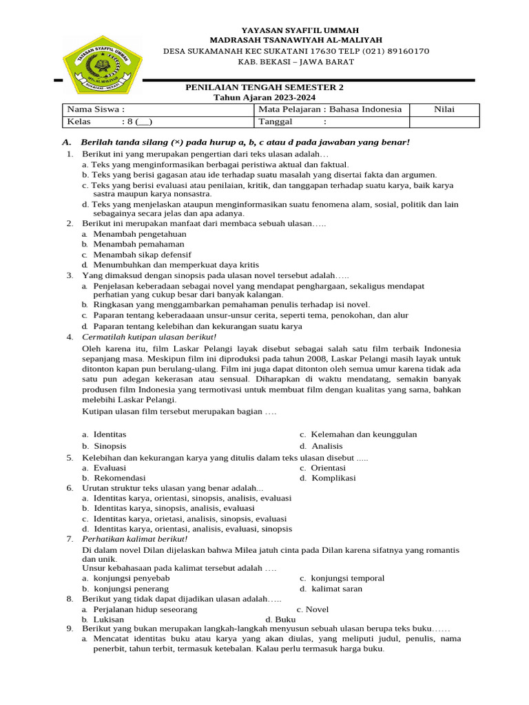 Soal - PTS - B.Indo - Kelas - 8 - Genap - AM (1) Edited | PDF