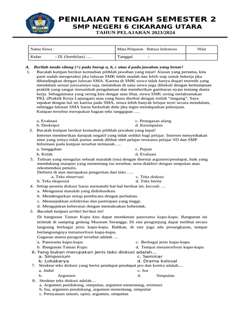 PTS 2 Kelas 9 BINDO Chy | PDF