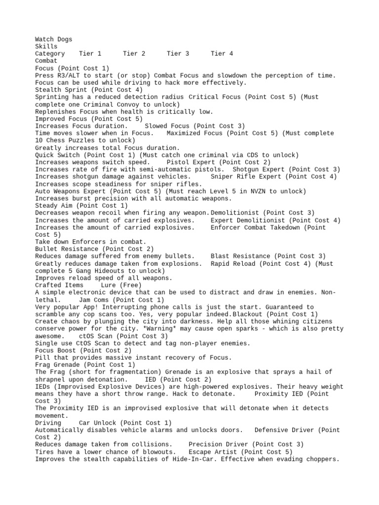 Watch Dogs One Skill Tree | PDF | Improvised Explosive Device | Computers