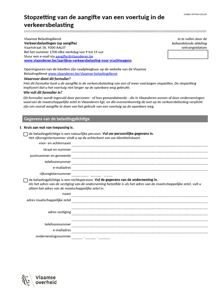 Form Stopzetting Aangifte Verkeersbelasting VFP9934 Jyvihe | PDF