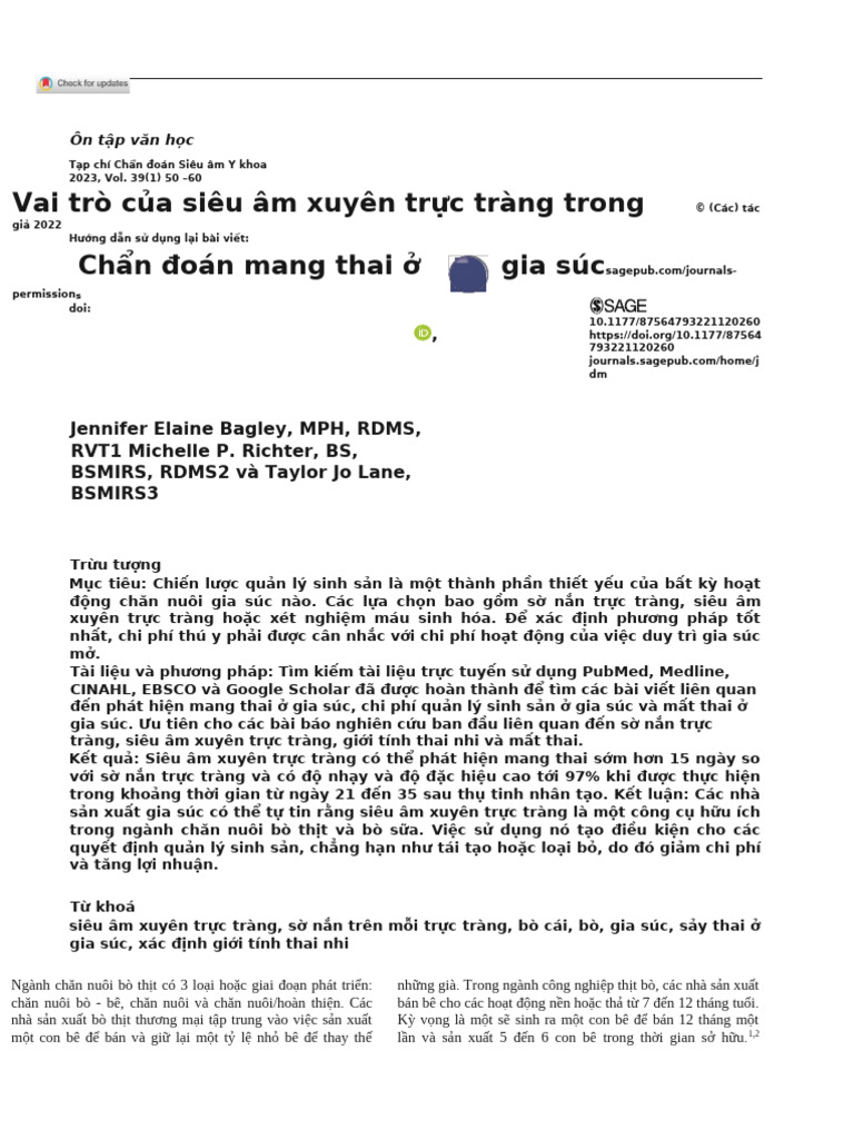 Vai trò của siêu âm xuyên trực tràng trong chẩn đoán mang thai ở gia súc | PDF