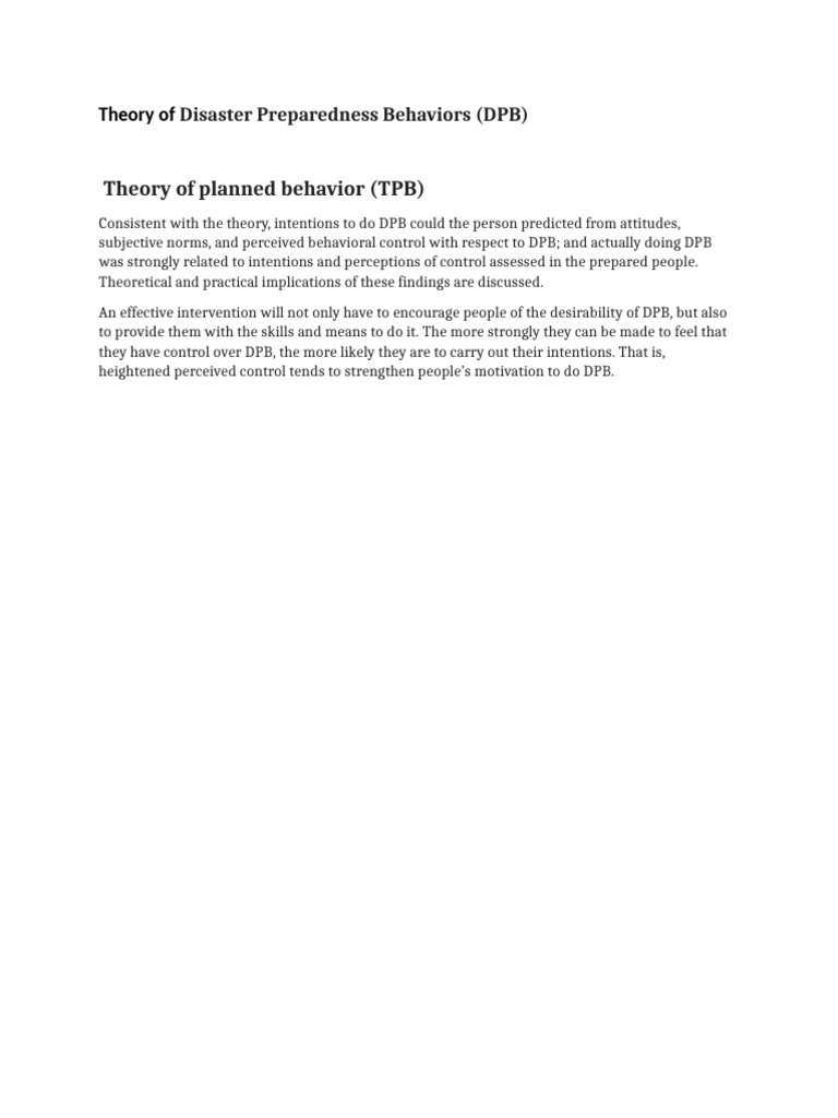 Theory of Disaster Preparedness Behaviors | PDF