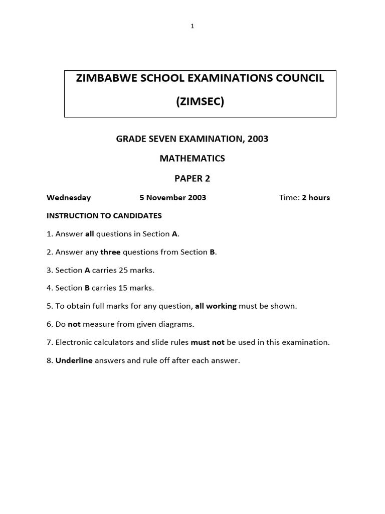 2003 Zimsec Mathematics Paper 2 | PDF