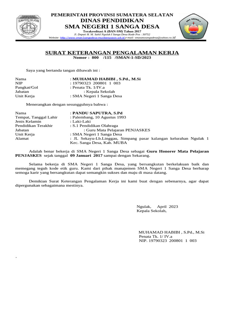 Surat Pengalaman Kerja PANDU | PDF