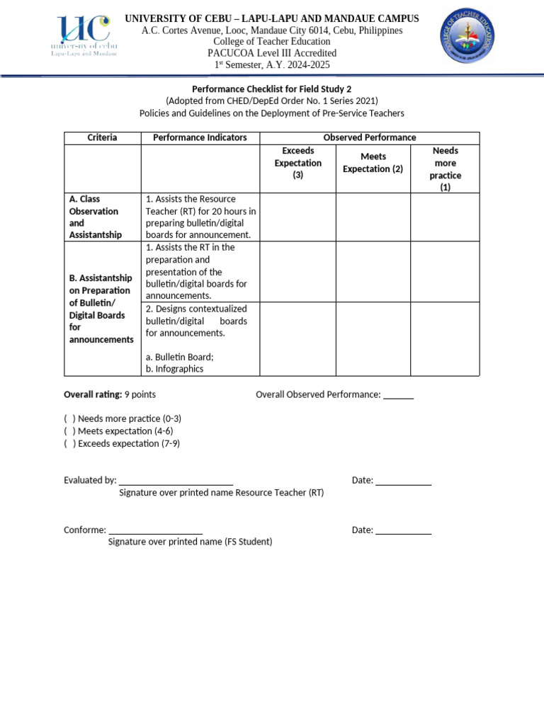 WEEKLY Performance Checklist For Field Study-FINAL | PDF