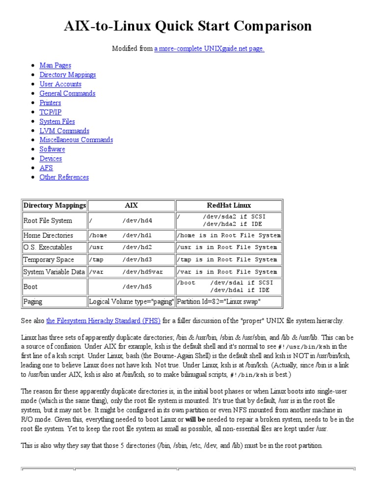 AIX-To-Linux Quick Start Comparison | PDF | Superuser | File System