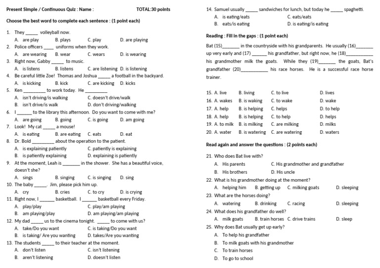 Present Simple and Continuous Quiz | PDF
