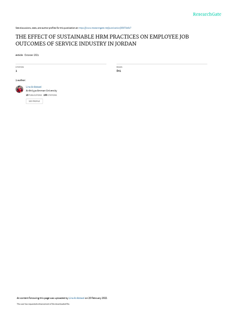 The Effect of Sustainable HRM Practices On Employee Job Outcomes of Service Industry in Jordan | PDF