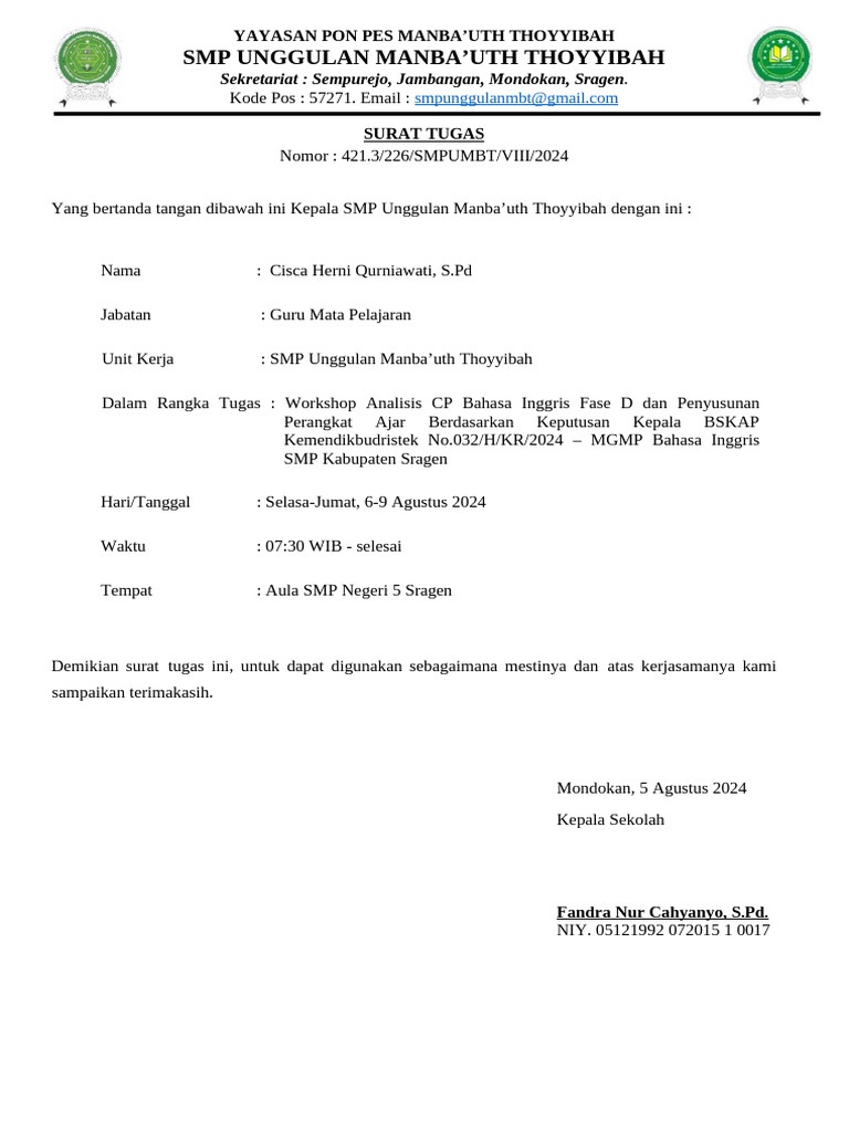 226 Surat Tugas CP (Bu Cisca) | PDF