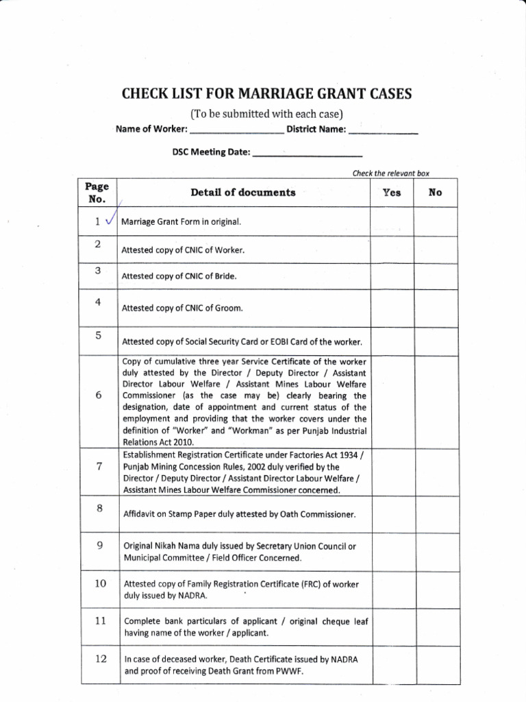 Marriage Grant Application Checklist | PDF