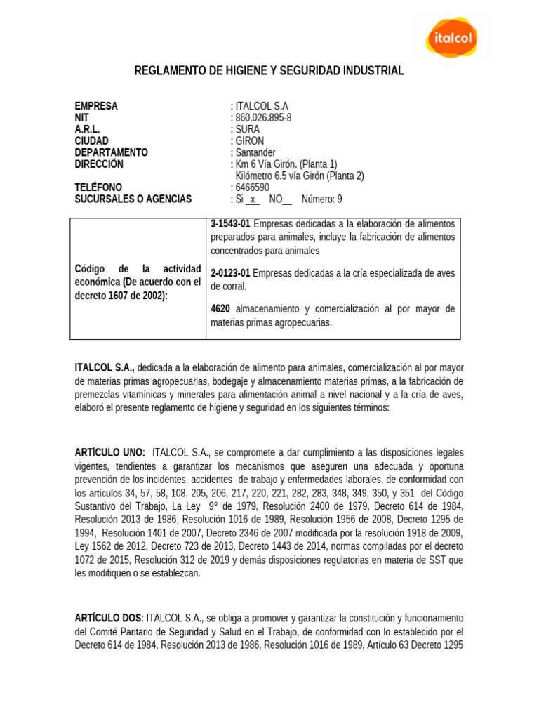 Reglamento de Higiene. Versión 4 | PDF